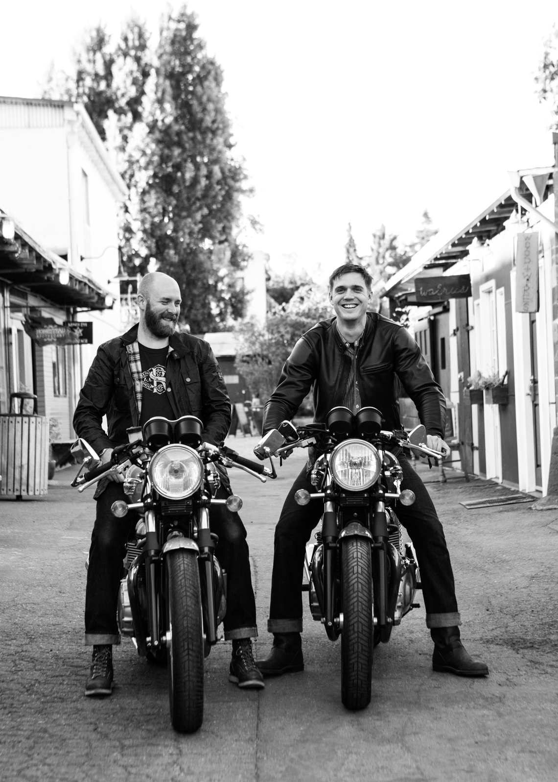 Two male friends on motorcycles at Temescal Alley | The Morrisons Photo